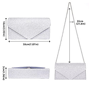 Larcenciel Silver Clutch Purses for Women Evening, Sparkly Envelope Clutch Evening Bag w/Chain, Elegant Crossbody Shoulder Handbag, Shiny Party Prom Purse Bride Wedding Guest Clutch Dress Carry on Bag