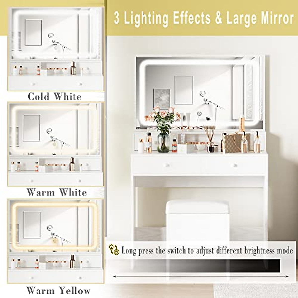 IRONCK Vanity Desk Set with LED Lighted Mirror & Power Outlet, Makeup Vanity Table with 4 Drawers,Storage Stool,for Bedroom, Bathroom, White