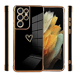 AIGOMARA Compatible Samsung Galaxy S21 Ultra Case Heart Design Plating Cover Full Body Shockproof Protection Anti-Scratch Soft TPU Slim Wireless Charging Case for Galaxy S21 Ultra 6.8 Inch - Black