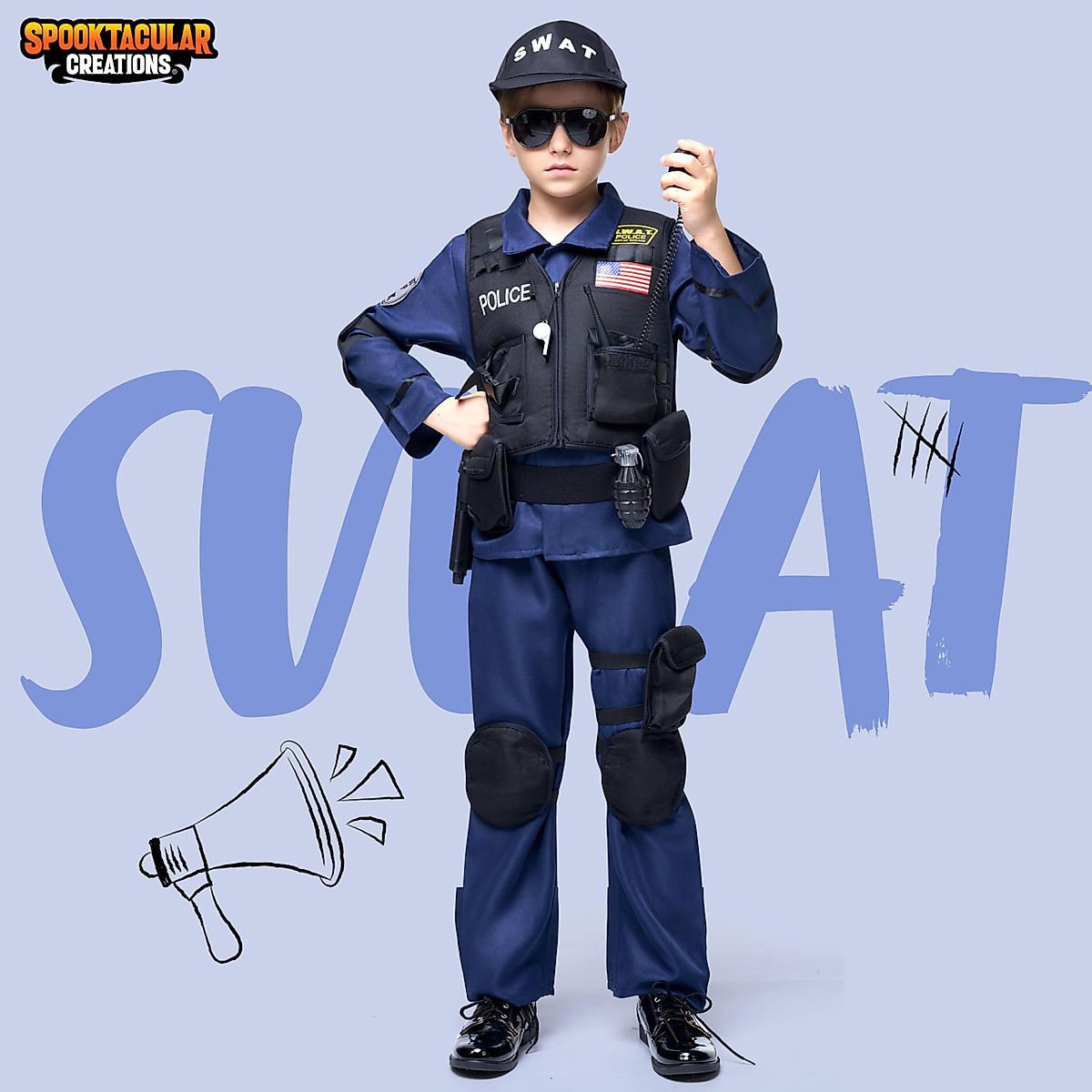 Spooktacular Creations Police SWAT Costume for Kids, S.W.A.T. Police Officer Costume for Halloween Cosplay, Role-playing, Carnival Cosplay, Themed Parties(Medium (8-10 yr))