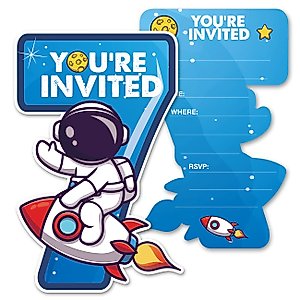 Opomzk Cute Outer Outer Space 7th Party Invitations with Envelopes, 20 Set Space Astronaut Seven Shaped Invitations Seventh Birthday Kids Party Invites Supplies Favors, Double-Sided