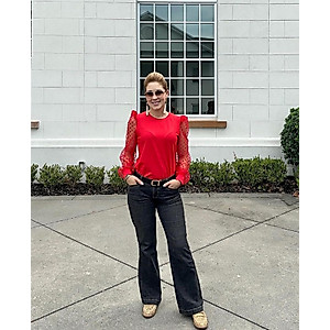 Womens Long Sleeve Tops Winter Crewneck Fashion Polka Dots Sheer Mesh Red L