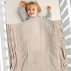mimixiong Cotton Baby Blanket Knitted Crochet Receiving Crib Nursery Swaddling Blankets for Newborn Baby Boy Girl White 30x40 Inch