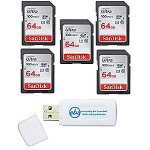 SanDisk 64GB SD Ultra Memory Card (5 Pack) UHS-I Class 10 SD Memory Card (SDSDUNR-064G-GN6IN) Bundle with (1) Everything But Stromboli Combo Card Reader