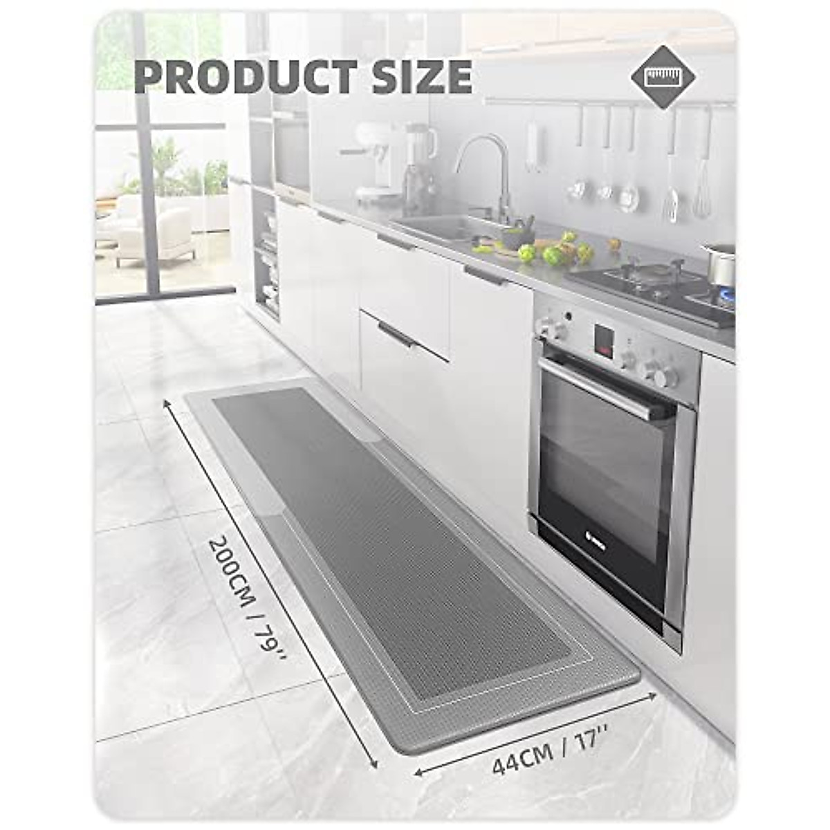 Color G Kitchen Floor Mat Runner Non Slip 17.3"x78.7", Anti Fatigue Mats for Kitchen Floor Cushioned Kitchen Mat Comfort for Standing, Grey Kitchen Mat Waterproof in Front of Sink, Stove, Laundry