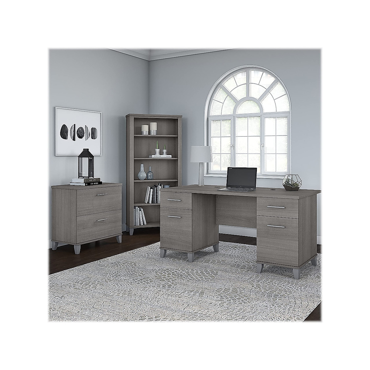 Bush Furniture Somerset 60W Office Desk with Lateral File Cabinet and 5 Shelf Bookcase in Platinum Gray