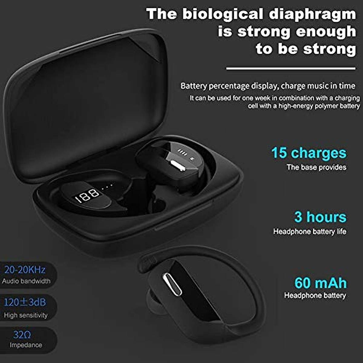Wireless Earbuds Bluetooth Headphones, BD&M Sport Earphones with LED Display TWS Stereo Deep Bass Ear Buds with Earhooks Waterproof in-Ear Built-in Mic Headset for Running Workout - Black