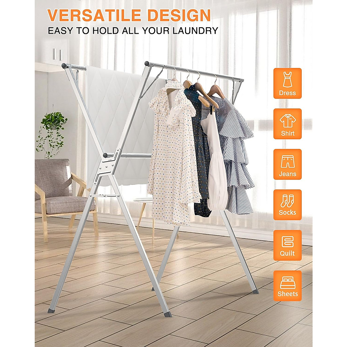 Clothes Drying Rack 63 Inches, Folding Laundry Drying Rack Clothing, Foldable Garment Hanging Drying Rack for Indoor Outdoor, Heavy Duty Collapsible Laundry Hanger Dryer Rack with 20 Windproof Hooks