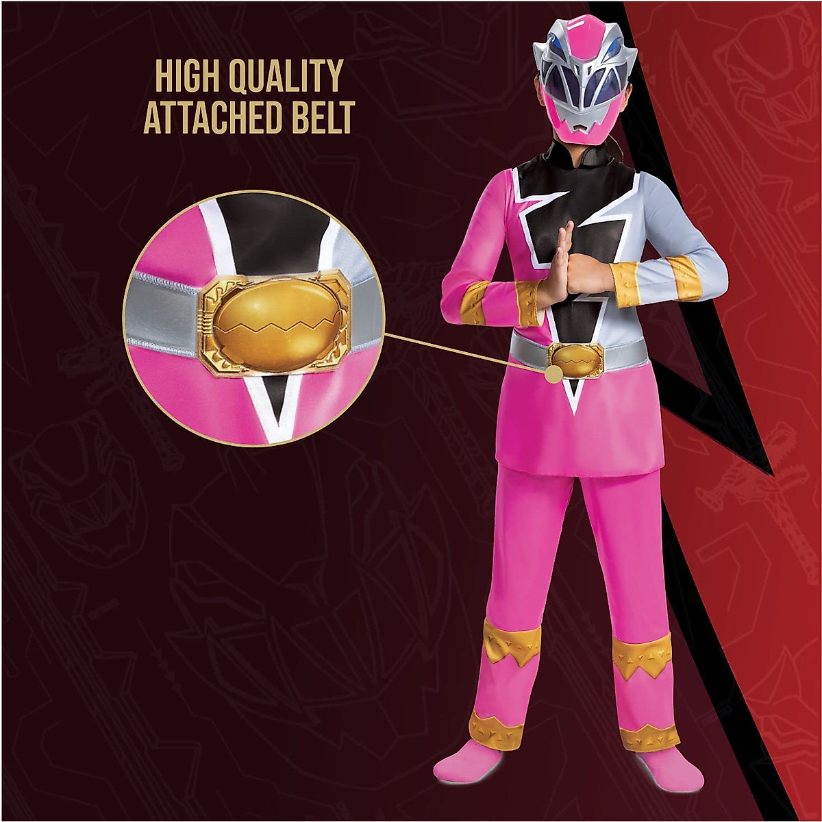 Pink Power Ranger Costume for Girls, Official Dino Fury Power Ranger Suit with Mask, Kids Size Small (4-6x)