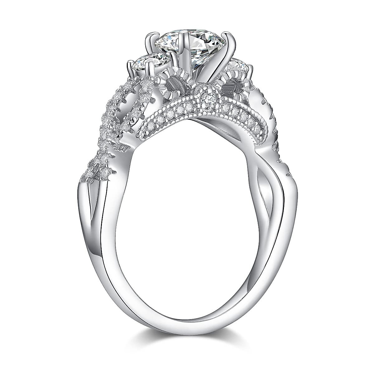 ZLAEBL 1.8CT Engagement Rings for Women, Round Three Stone Moissanite Ring White Gold Plated Silver Moissanite Rings, Twisting Wedding Rings for Proposal Wedding,9