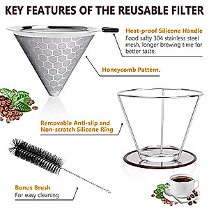 Pour Over Coffee Maker, Stainless Steel Reusable Coffee Filter, Paperless Manual Coffee Cone Filter, Pour Over Coffee Dripper for (1-4 Cup), Fine Mesh Coffee Strainer with Stand and Bonus Brush (1)