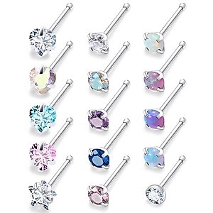 Lsnevsie Nose Rings Studs for Women 20G 316L Surgical Stainless Steel Straight Silver Opal Hypoallergenic Star Heart Nose Nostril Stud Ring Pin Bone Body Piercing Jewelry for Men Diamond CZ 2mm 3mm