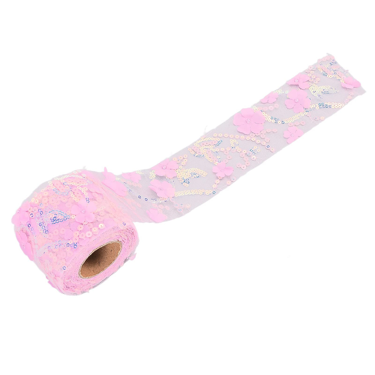 Wene Tulle Roll, Spool Tulle Fabric Shiny Flexible Embroidered Sequins Flowers for DIY Clothing for Handicraft Decoration(Deep Pink)