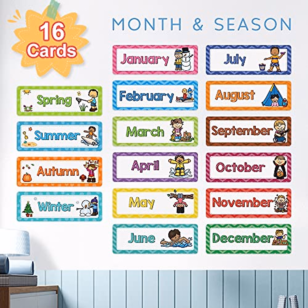 Lachilly 24 Pcs, 3 Themes Days of The Week/Seasonal/Months of The Year Flash Cards Subject Titles for Bulletin Board Headliners Classroom Decoration English Words