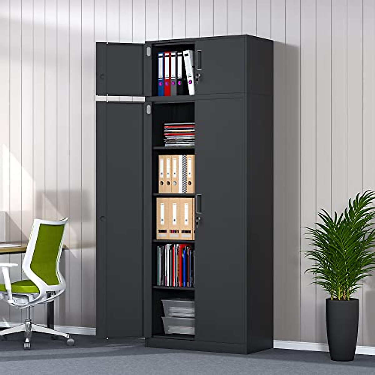 JINKUR Metal Storage Cabinet with Locking Doors and 4 Adjustable Shelves, 86.6-Inch Extra Tall Lockable Steel Storage Cabinets for Home Office Garage Kitchen Pantry (Black)