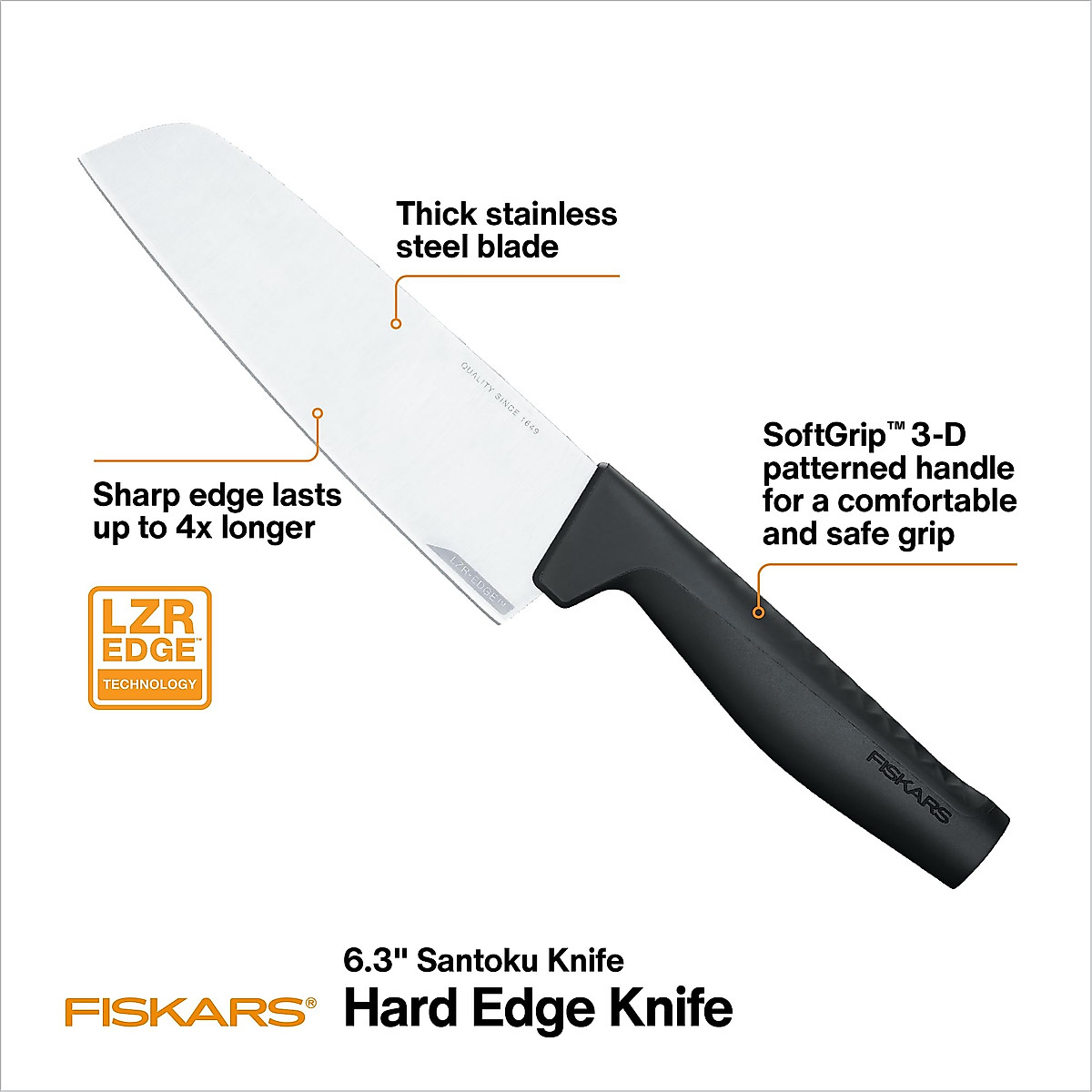 Fiskars 6.3" Santoku Knife, Kitchen Knife for Chopping, Dicing, and Mincing with Japanese Stainless Steel Hard Edge Blade, DIshwasher Safe
