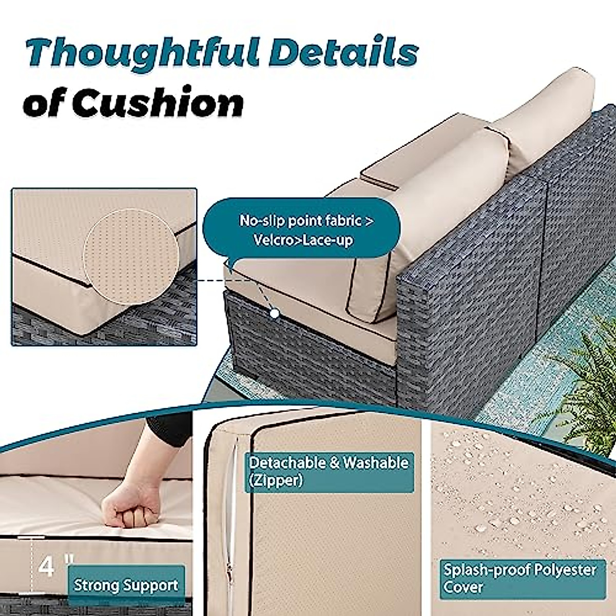 SUNLEI 3-Piece Patio Sectional Sofa, Patio Furniture Set with Detachable Soft Cushions, All Weather Outdoor PE Wicker Patio Conversation Sofa Set with Glass Coffee Table & ottoman, Silver Rattan/Beige