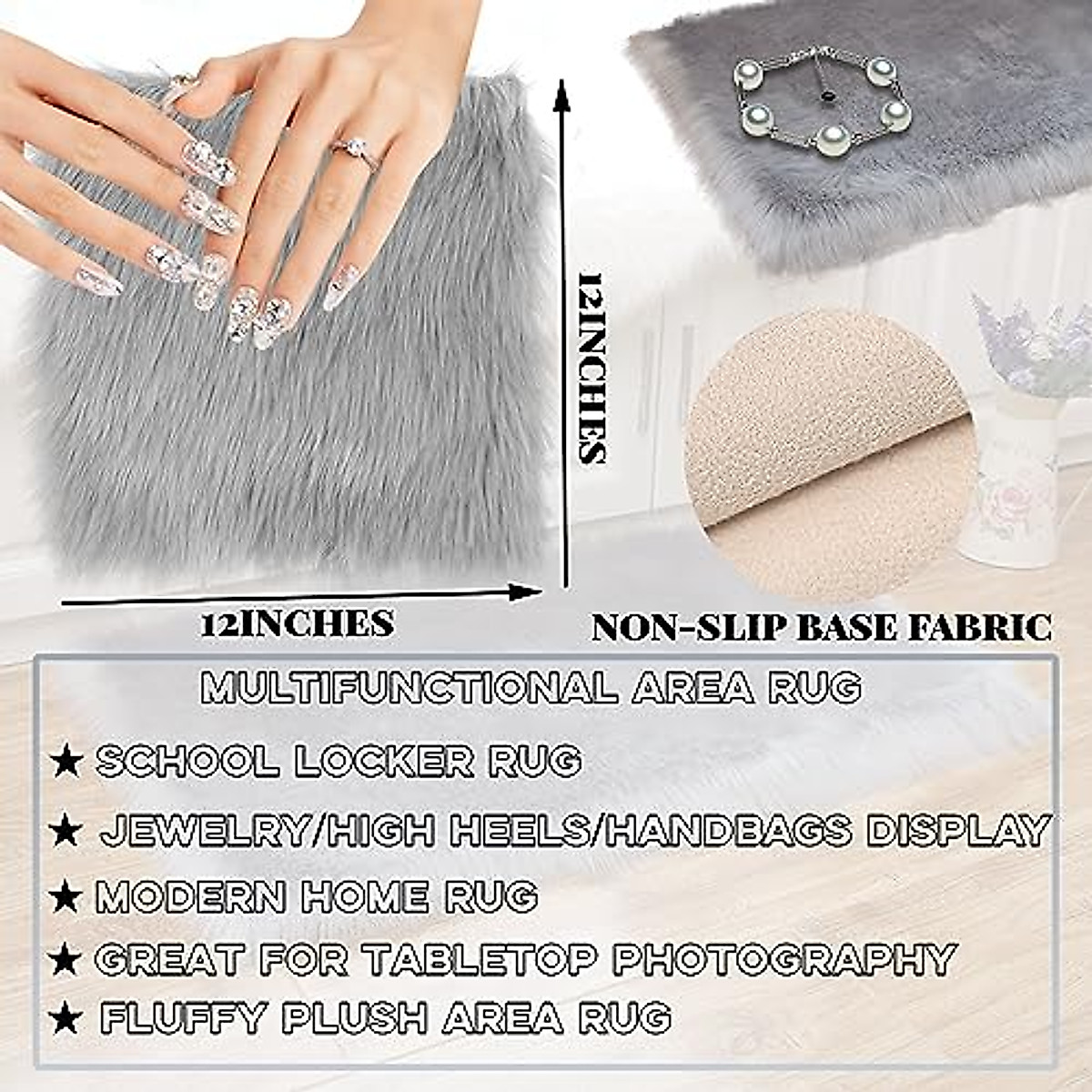 3-Pack School Locker Rugs, 12x12inch Square Plush Cushion Fluffy Area Rug, Mini Carpet Soft Locker Rug Locker Carpet with Non-Slip Back for Middle School Locker Decor Jewelry/Nail Photography (White)