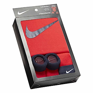 Nike Baby Hat, Bodysuit and Booties 3-Piece Gift Box Set, Red Swoosh, 0/6M