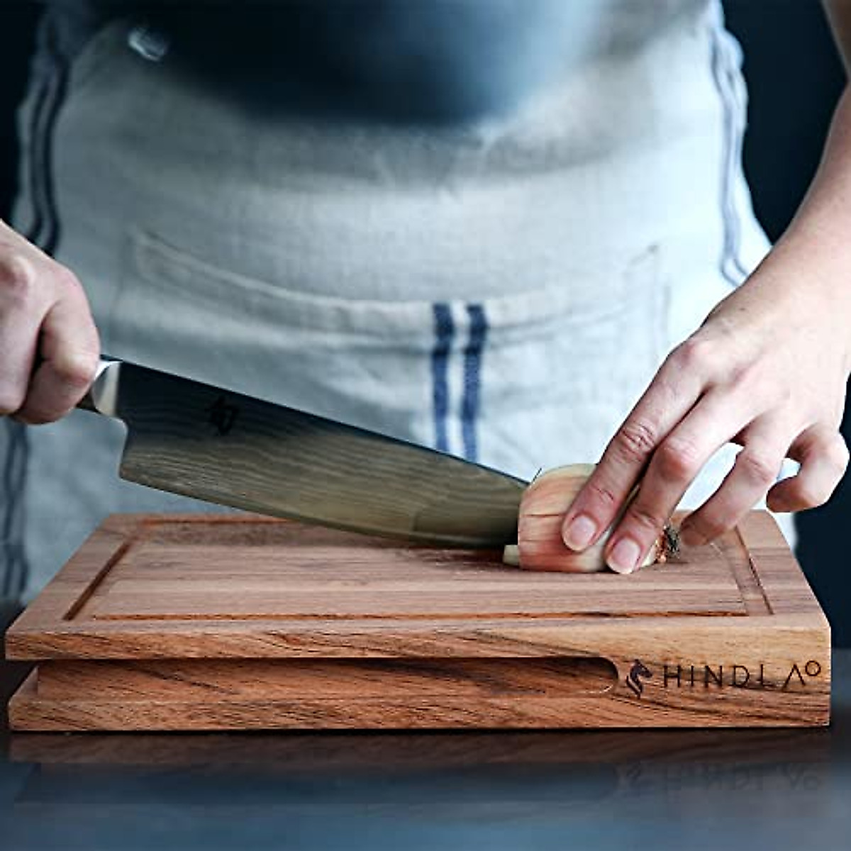 HINDLA Handmade Wooden Cutting Board – 2in1 Acacia Wood Chopping Board & Charcuterie Board Serving Tray – Functional Handmade Butcher Block Wood Cutting Board for Meat and Vegetables – Food Safe