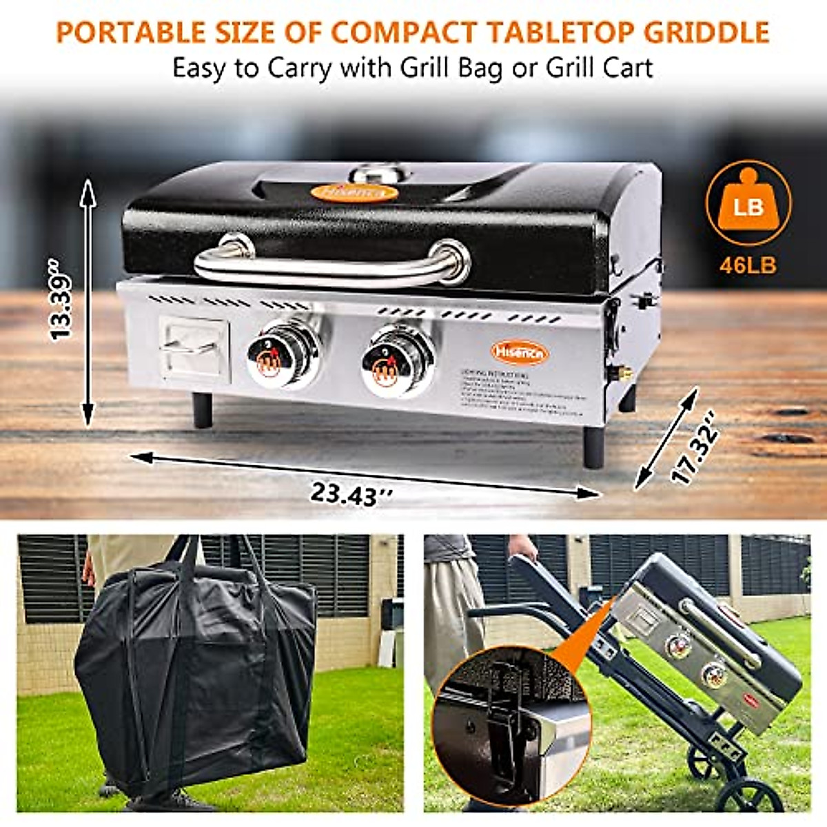 Hisencn Portable Flat Top Grill Propane Gas Grill, Portable Folding Grill Cart Outdoor Griddle Stand Shelf, RV - 348 sq. in. Heavy Duty & 24000 BTUs Griddle for Tabletop BBQ Grill, 22 Inch with Hood