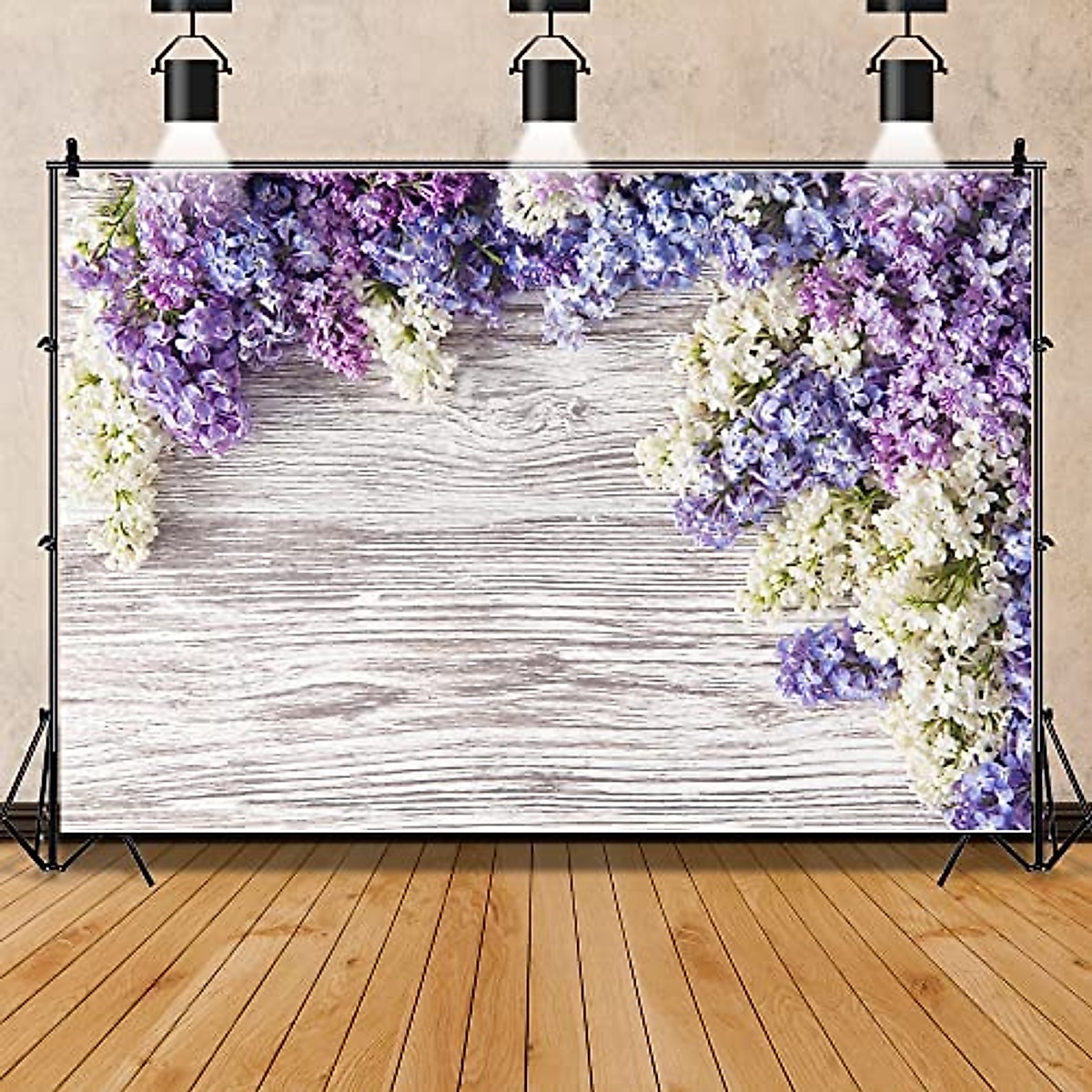 LFEEY 5x3ft Newborn Baby Wooden Plank Photography Backdrops Purple Lilac Flowers Bloom Bouquet Wooden Wall Girls Adults Portrait Photo Background Parties Events Decor Wallpaper Photo Studio Props