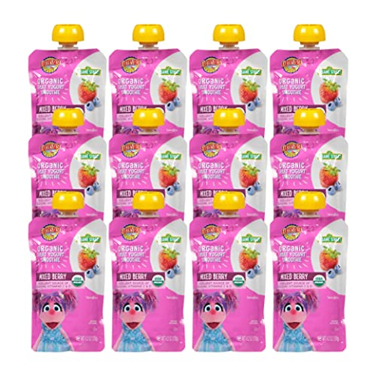 Earth's Best Organic Kids Snacks, Sesame Street Toddler Snacks, Organic Fruit Yogurt Smoothie for Toddlers 2 Years and Older, Mixed Berry, 4.2 oz Resealable Pouch (Pack of 12)