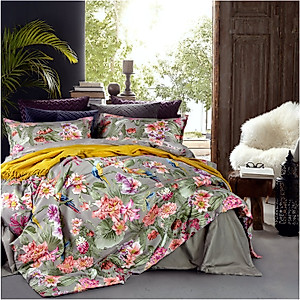 Eikei Vintage Botanical Flower Print Bedding 400tc Cotton Sateen Romantic Floral Scarf Duvet Cover 3pc Set Colorful Antique Drawing of Summer Lilies Daisy Blossoms (Queen, Taupe)
