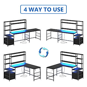 YOMILUVE L Shaped Desk with Drawers & Storage Shelves, Reversible Gaming Desk with Power Outlets, Corner Computer Desk with LED Lights & Hutch, Study Writing Workstation for Home Office (Black)