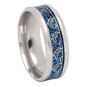 Ginger Lyne Collection Dolphins Stainless Steel Comfort Fit Wedding Band All Ocassion Ring Gold Color Inlay on Blue Background Ocean wave Beach Lovers Rings Men Women