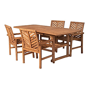Walker Edison 4-6 Person Outdoor Wood Chevron Back Patio Furniture Dining Set Extendable Table Chairs All Weather Backyard Conversation Garden Poolside Balcony, 5 Piece, Brown