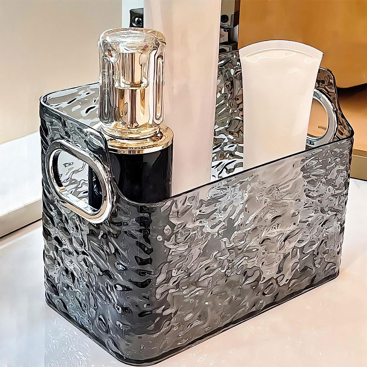 Bathroom Vanity Tray, Makeup Organiser, Skincare Organiser Beauty Caddy Storage Box for Dresser & Bathroom, Decorative Dresser Tray, Vanity Organiser with 1 Movable Inner Case, Clear/Grey