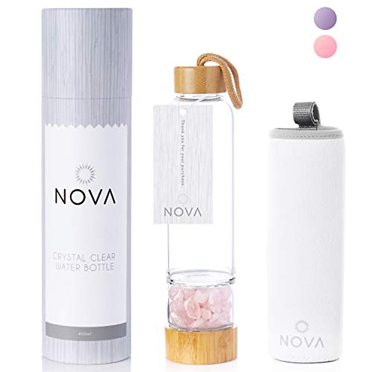 Crystal Elixir Infused Gem Water Bottle – Leak-Proof Lid – Bamboo Wellness Glass Includes Protective Sleeve and Removable Crystal – 15 oz (Rose Quartz)