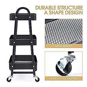 KINGRACK 3-Tier Rolling Cart, Metal Rolling Storage Cart with Lockable Wheels, Mobile Trolley Cart for Kitchen, Bathroom, Office, Workshop, Black