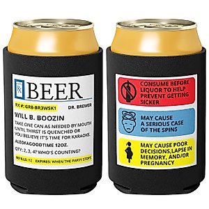 Durable, Funny Fake Beer Prescription Can Cooler 2pk. Long-Lasting, Hilarious Design Neoprene Collapsible Drink Huggers. Great Gag Gifts or Practical Joke Prank Can Sleeve. Waterproof Beer Sleeves
