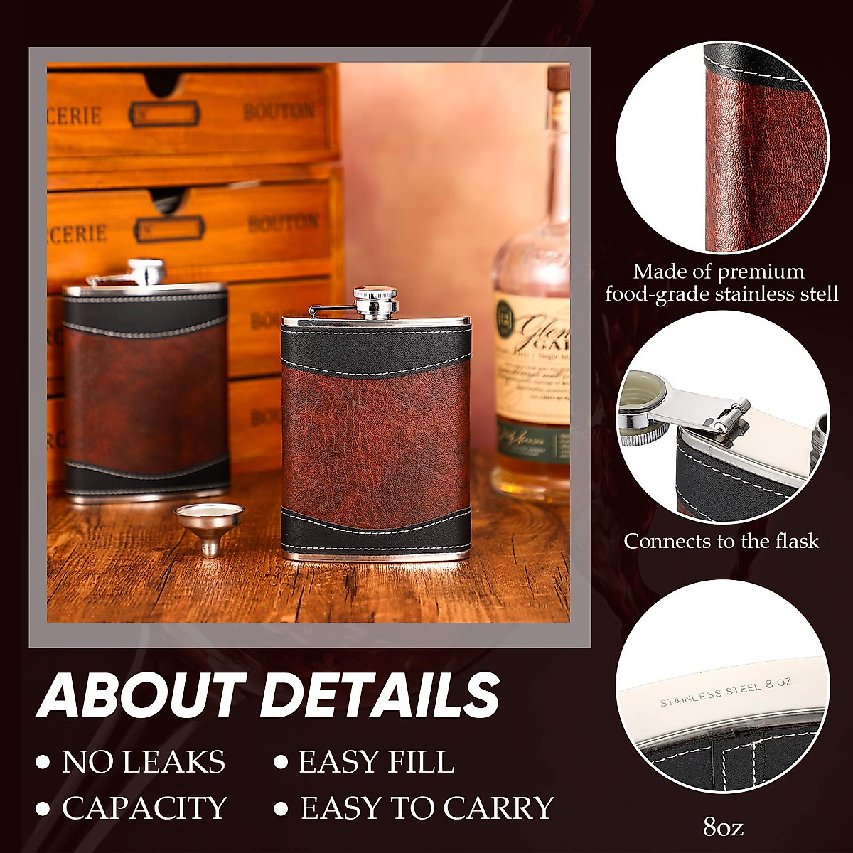 Rtteri 8 oz Leather Hip Flasks for Liquor for Men Leak Proof Stainless Steel Drinking Flasks with Funnel Soft Wrap Whiskey Vessels for Wedding Bridesmaid Christmas Gifts(Brown,6 Set)