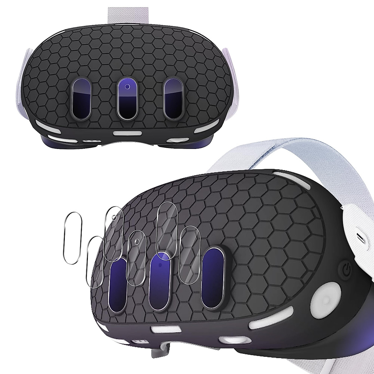 Orzero Soft Silicone Headset Cover Compatible for Quest 3, with 2 Sets 6 Packs Tempered Glass Camera Lens Protector Anti-Drop Strong Protection VR Gaming Accessories - Black