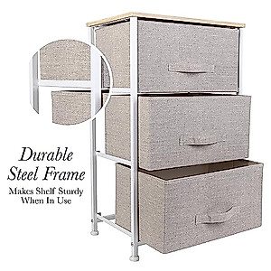 Simplify 3 Tier Vertical Storage Chest | Dresser | Nightstand | Fabric Drawers | Sturdy Steel Frame | Organizer | Bedroom | Closet | Easy to Assemble | Beige