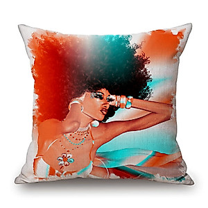 Sexy African American Woman Decorative Throw Pillow Cover Fashion Black Girls Lady Chic Afrocentric Cotton Linen Pillow Case Square Cushion Covers for Couch Sofa 18 x 18 Inch