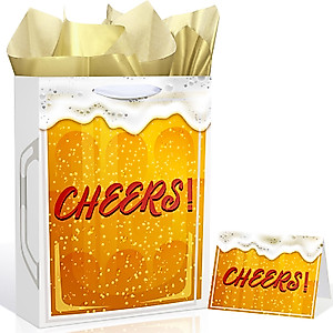 Gold Cheers Gift Bag Beer Mug Gift Wrap Bag with Greeting Card Tissue Paper for Men Women Birthday Christmas New Year Engagement Wedding Father's Day Retirement Graduations Promotions New Jobs