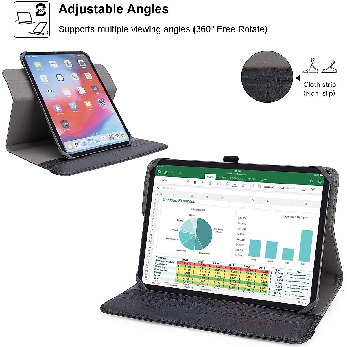 GoodCase 9-10.9 Inch Universal Tablet Case, Protective Cover Stand Folio Case for 9" - 10.9" Inch Android Touchscreen Tablet, with 360 Degree Rotatable Kickstand and Multiple Viewing Angles (Black)