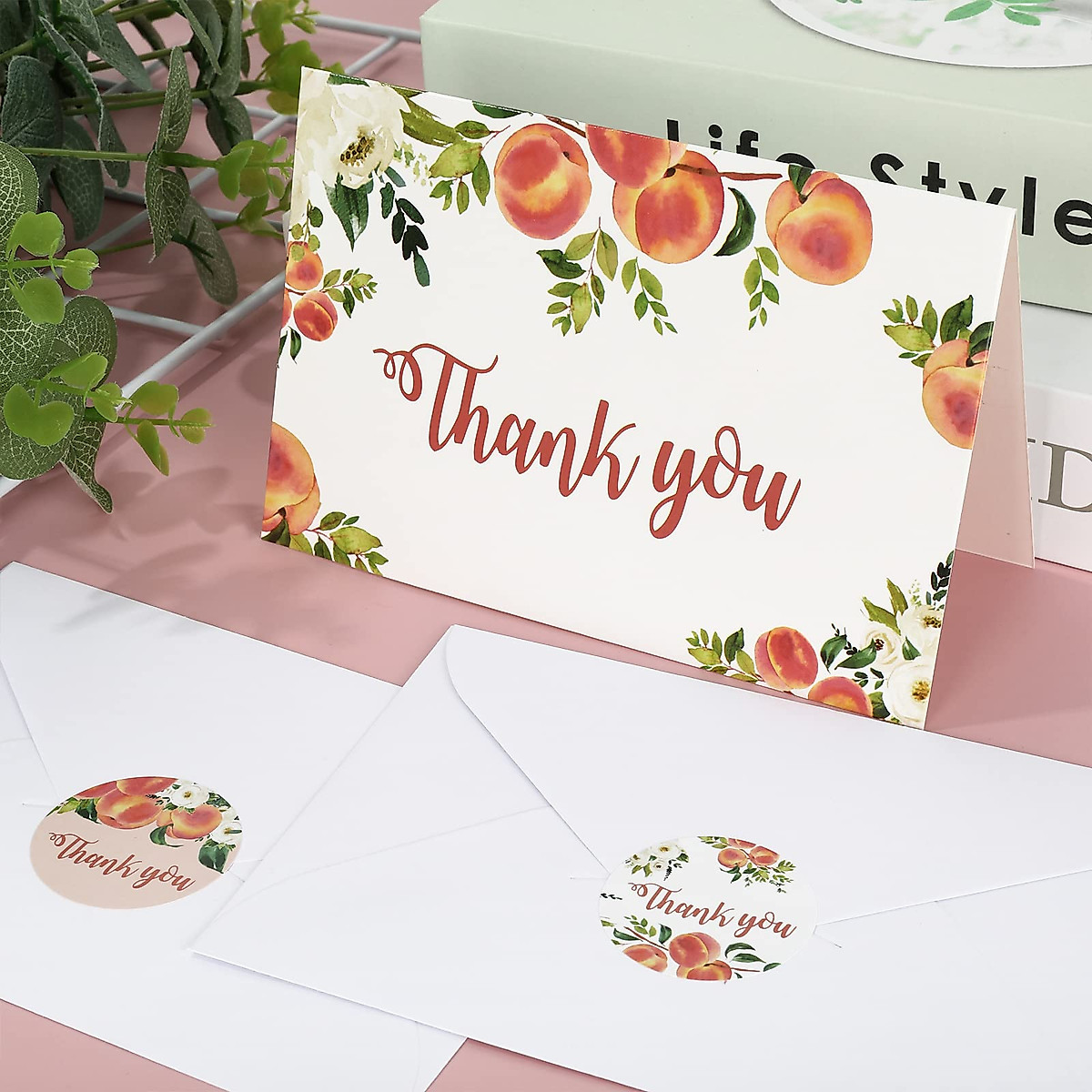 AnyDesign Peach Thank You Cards Bulk 30 Pack Thank You Blank Notes with Matching Seal Stickers White Envelopes Pink Peach Greeting Cards for Baby Shower Wedding Birthday Bridal Party Invitation