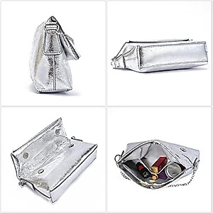 WOO Foldover Evening Clutch Bag Soft Metallic PU Shoulder Crossbody Tote Bag for Different Parties Mini Pouch, Silver