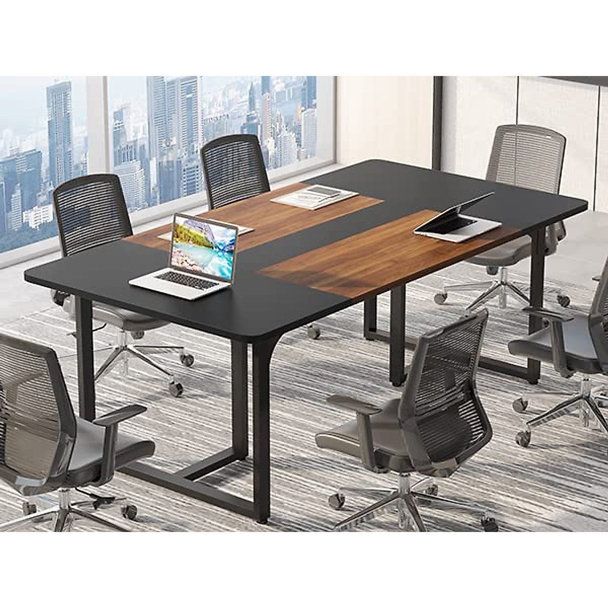 Rectangle Conference Table with Spliced Board, 6FT Long Meeting Seminar Table up for 8 People, Industrial Business Large Office Conference Room Table Boardroom Desk for Home Office, Dining Room
