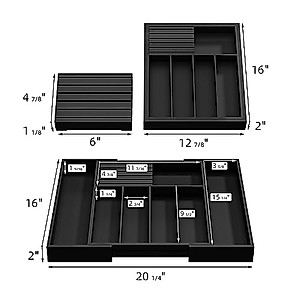 WUSHIZHUHUN Utensil Organizer Silverware Tray for Drawer - Bamboo Knife Drawer Organizer Expandable Cutlery Organizer in Drawer Knife Block W12.8-20.2" x L16 x H2 (Black)