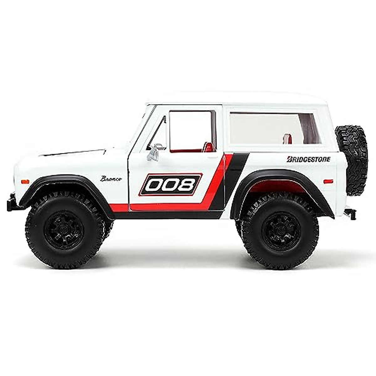 1973 Bronco #008 White with Red and Black Stripes and Red Interior with Extra Wheels Just Trucks Series 1/24 Diecast Model Car by Jada 34181