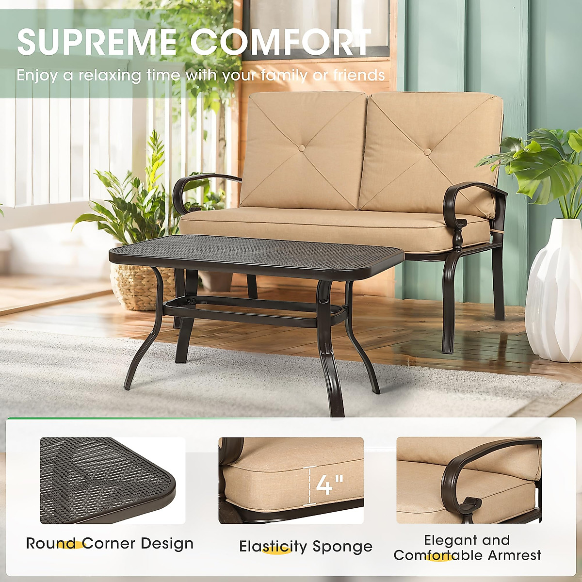 Incbruce 5 Pcs(6 Seats) Outdoor Metal Furniture Sets Wrought Iron Patio Conversation Sets, (Glider, 2 Single Chairs, Loveseat, and Coffee Table) with Cushion (Brown)