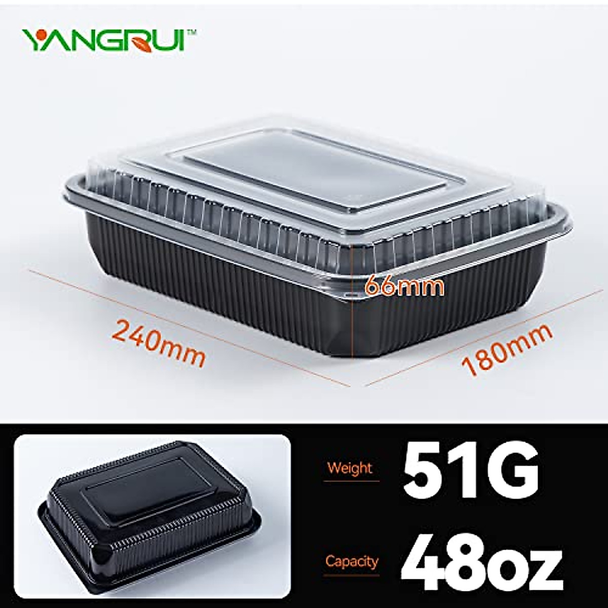 YANGRUI To Go Containers, 40 Pack (40 Trays + 40 Lids) 48oz 1 Compartment BPA Free Reusable Take Out Box Shrink Wrap Machine Washable Meal Prep Container