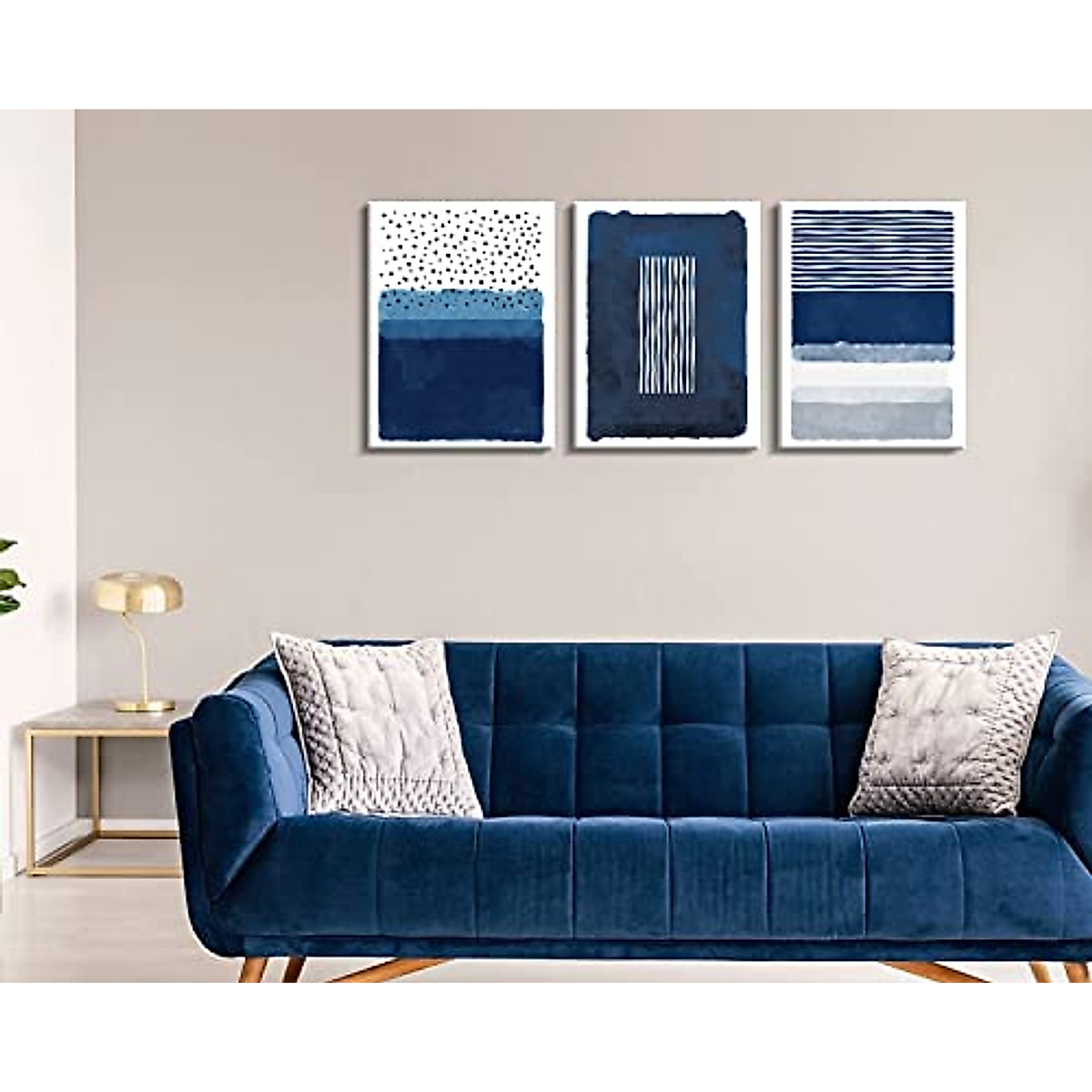 Creoate Blue Canavs Wall Art for Living Room Decor 3 Pieces Abstract Blue and White Painting Canvas Print Framed Artwork Set for Bedroom Decor Navy Blue Canvas Wall Decor, Ready to Hang, 12x16 Inch x3pcs