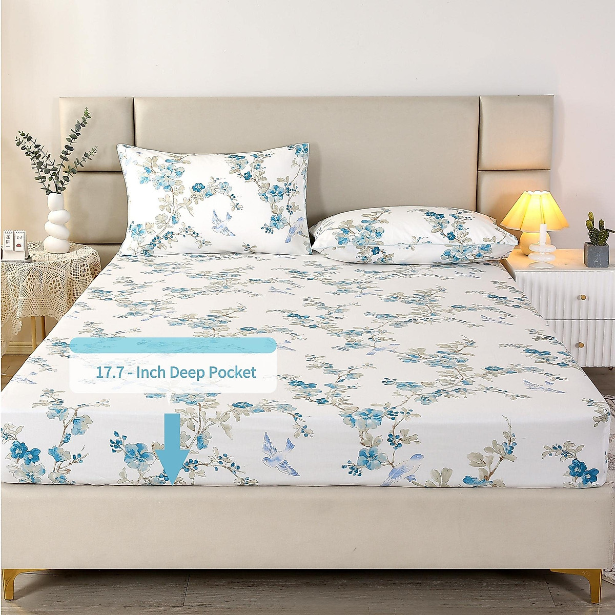 RYNGHIPY Flowers and Birds Sheet Sets Queen Size, Botanical Floral Egyptian Cotton Bedding Sheets, Shabby Cotton Sheets with Pillowcases Extra Breathable 4Pcs (Cyan,Queen Size)